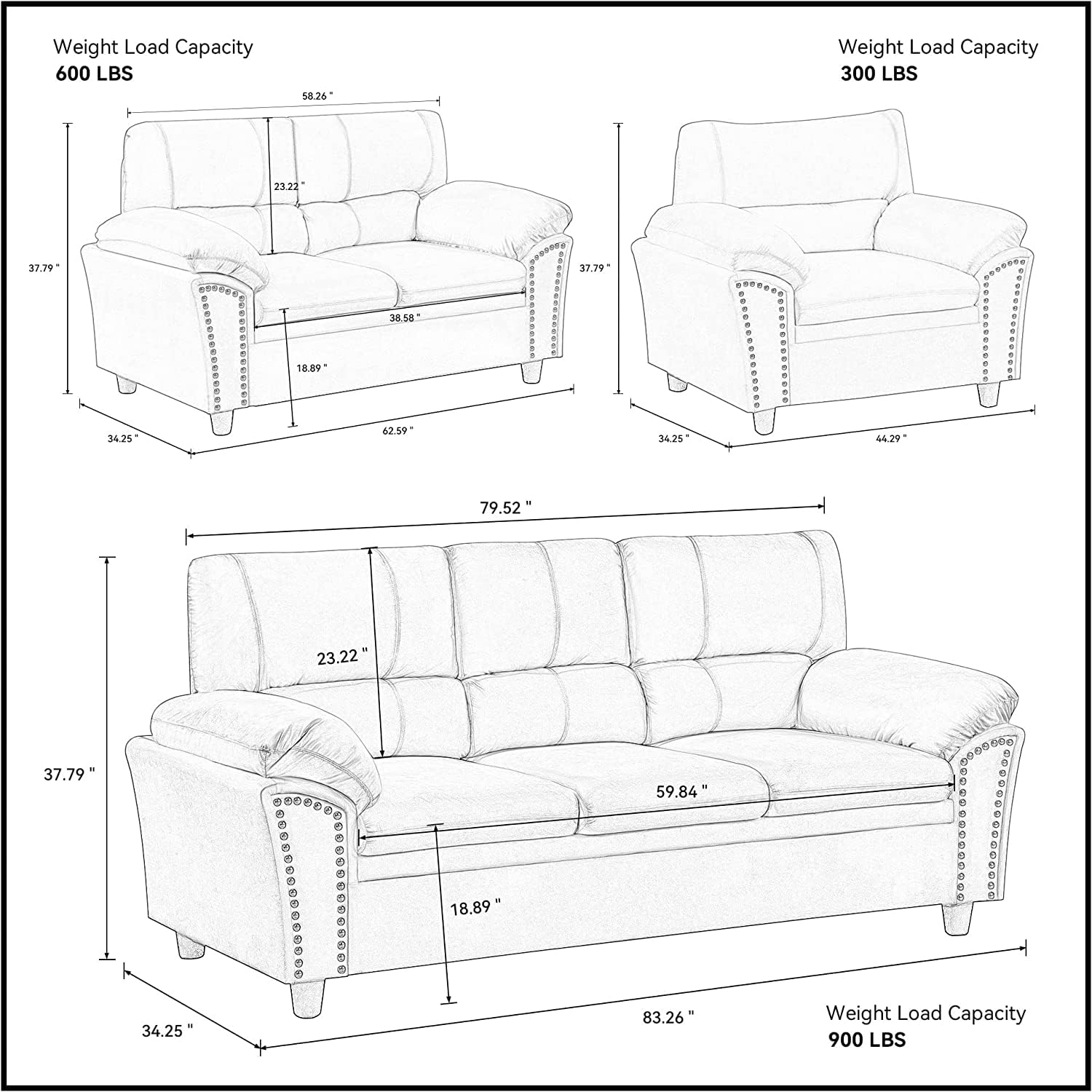 ERYE 2 Pieces Cushions Sectional Include 3 Seater Loveseat,Pillow-Top Armrest Velvet Upholstered Tufted Sofa & Couch W/Nailhead Decor for Home Office Apartment Living Room Furniture Sets, Blue 83.46"W