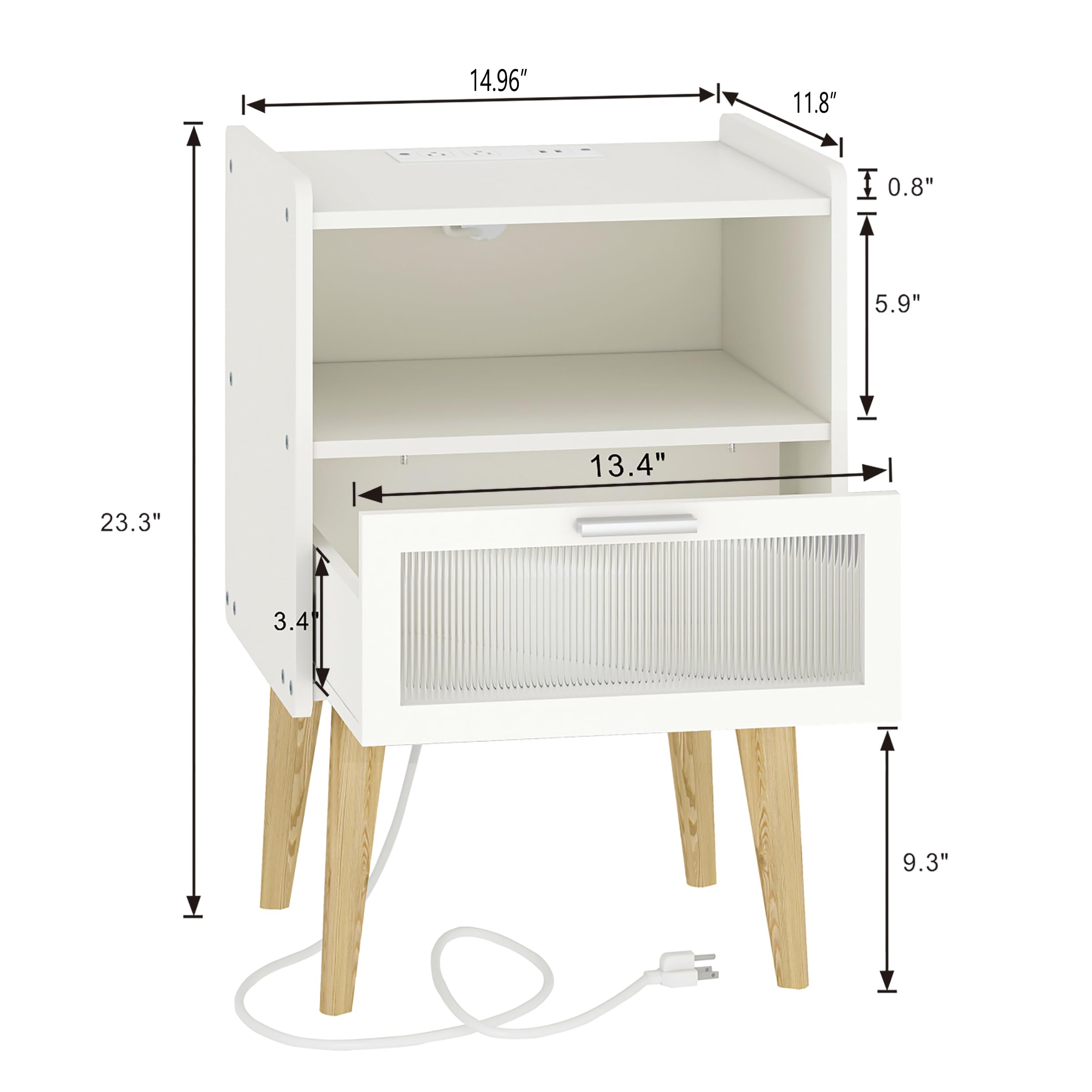 MMEOLUOOK Nightstand with Charging Station, Bedside Tables, End Table Side Table with 2 Tiers Storage Space, for Bedroom, Living Room, White MLBZ07WE