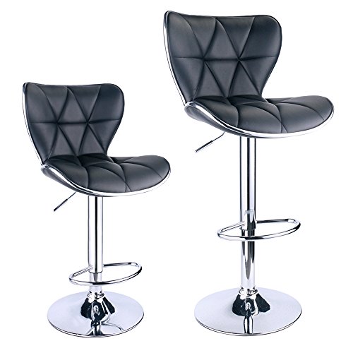 Leopard Shell Back Adjustable Swivel Bar Stools, PU Leather Padded with Back, Set of 2 ( Black )