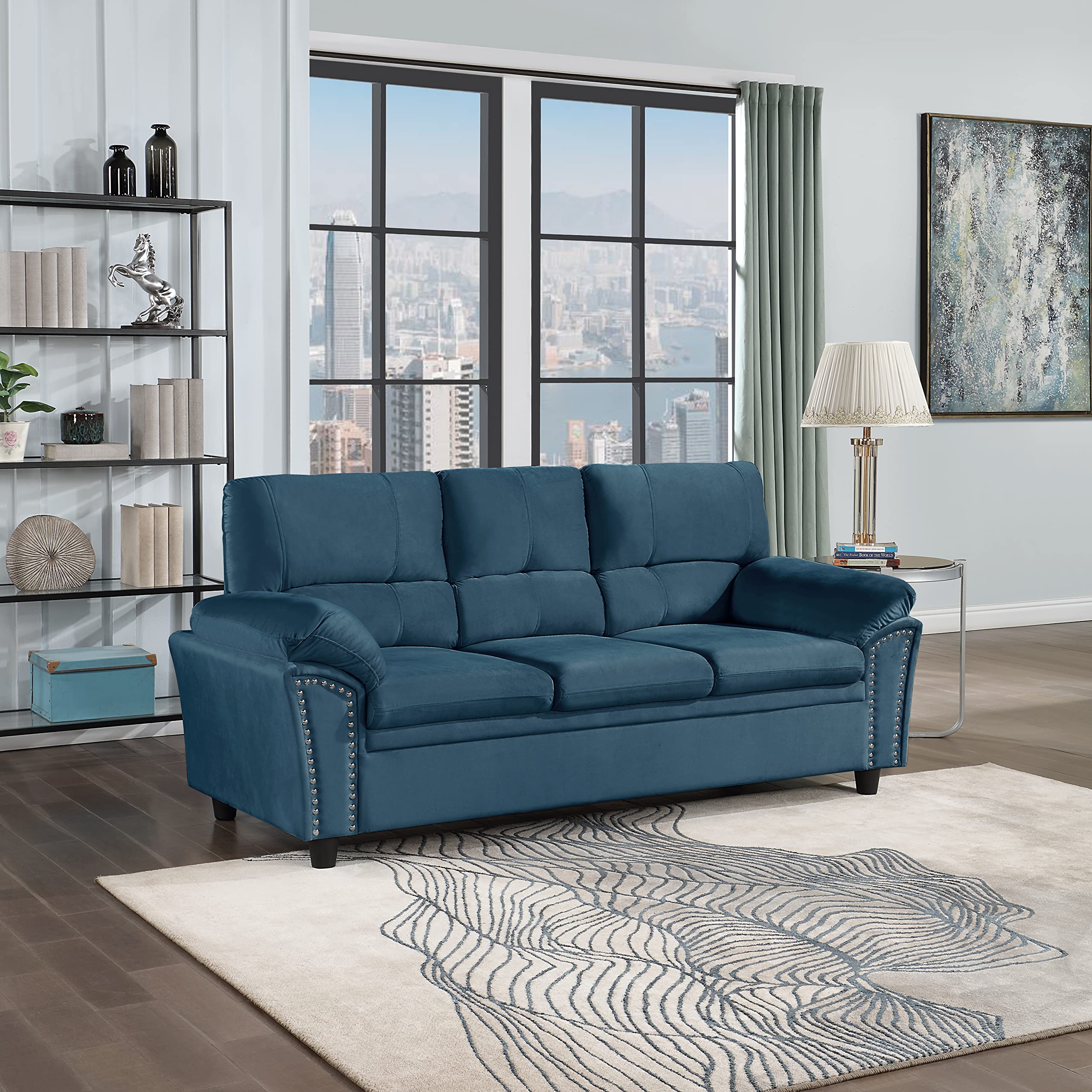 ERYE 2 Pieces Cushions Sectional Include 3 Seater Loveseat,Pillow-Top Armrest Velvet Upholstered Tufted Sofa & Couch W/Nailhead Decor for Home Office Apartment Living Room Furniture Sets, Blue 83.46"W