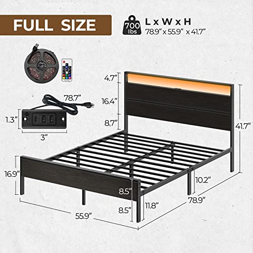 Rolanstar Bed Frame with Charging Station, Full Bed Frame with LED Lights Headboard, Metal Platform Bed Frame, Strong Slats Support, 10.2β Under Bed Storage Clearance, No Box Spring Needed, Noise Free