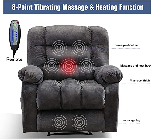 ANJHOME Overstuffed Massage Recliner Chairs with Heat and Vibration, Soft Fabric Single Manual Reclining Chair for Living Room Bedroom (Grey)