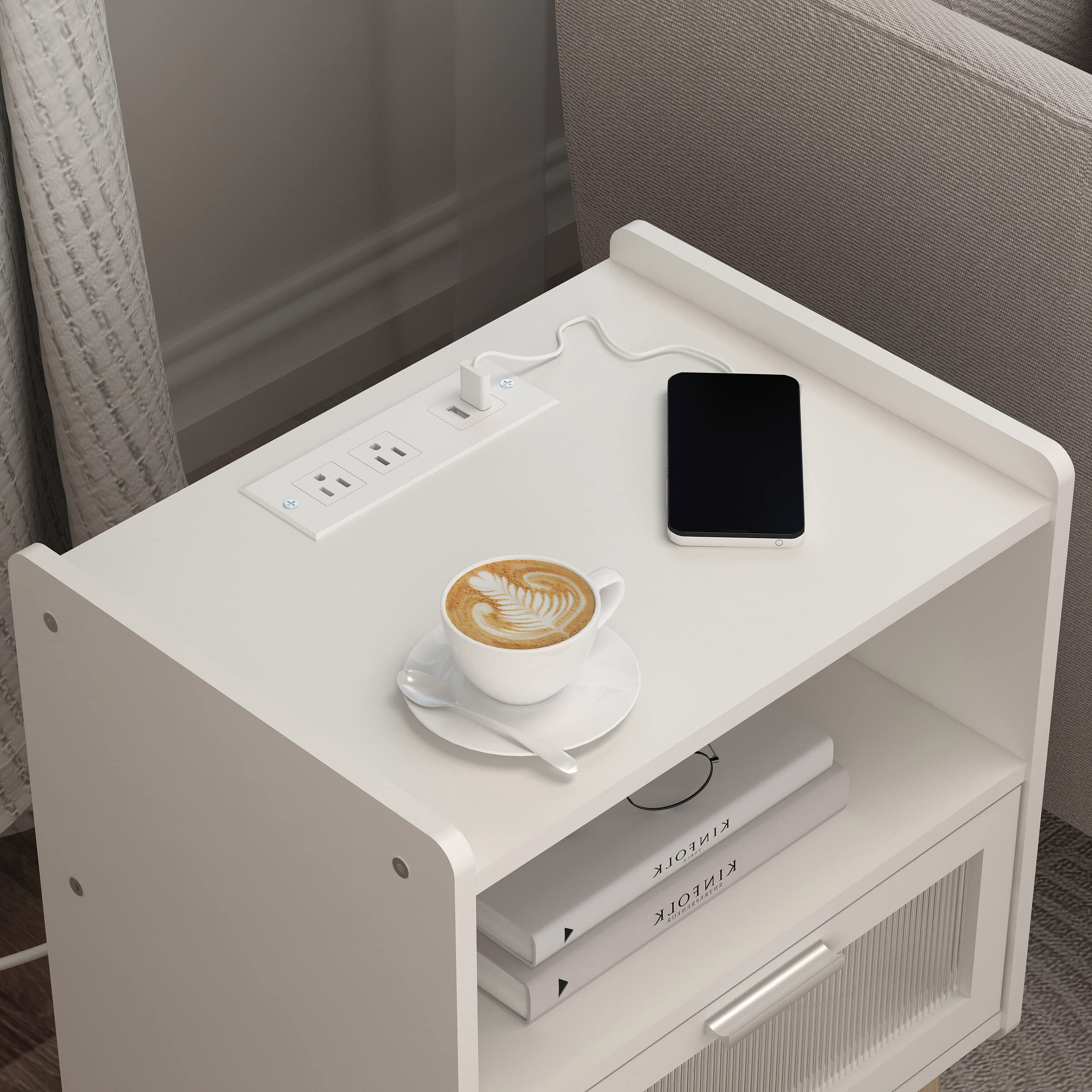 MMEOLUOOK Nightstand with Charging Station, Bedside Tables, End Table Side Table with 2 Tiers Storage Space, for Bedroom, Living Room, White MLBZ07WE
