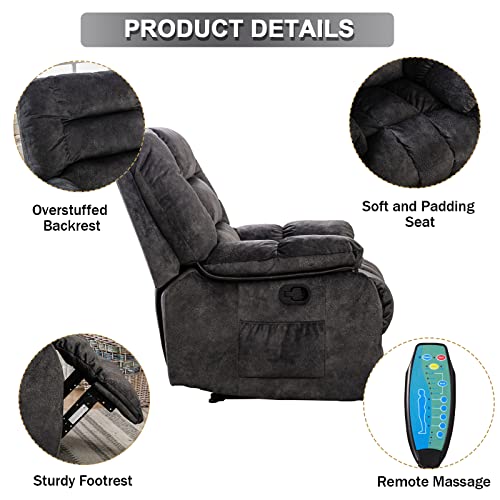 ANJHOME Overstuffed Massage Recliner Chairs with Heat and Vibration, Soft Fabric Single Manual Reclining Chair for Living Room Bedroom (Grey)