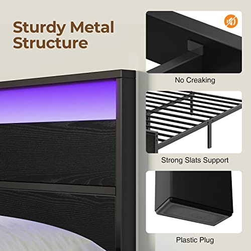 Rolanstar Bed Frame with Charging Station, Full Bed Frame with LED Lights Headboard, Metal Platform Bed Frame, Strong Slats Support, 10.2β Under Bed Storage Clearance, No Box Spring Needed, Noise Free