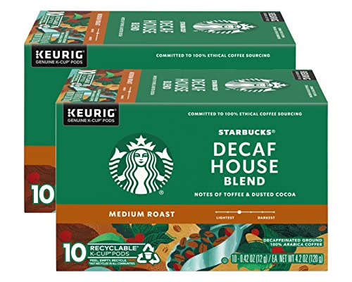 Starbucks Decaf House Blend Coffee K-Cup Pods, Medium Roast Decaffeinated Ground Coffee K-Cups for Keurig Brewing System, 10 CT K-Cups/Box (Pack of 2)