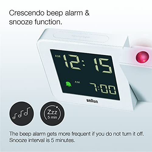 Braun Digital Projection Alarm Clock with 4 Backlight Options, Negative LCD Display, Quick Set, Beep Alarm in White, Model BC15W