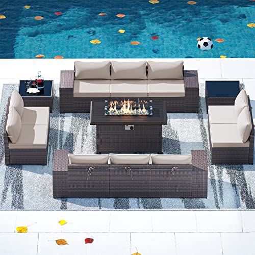 Gotland 13 Piece Large Outdoor Furniture Set, 10 Seater Wicker Patio Furniture Set, All Weather Deck Wicker Conversation Set with 43" Fire Pit Table has 10 Sofa Seats, 2 Coffee Tables and 4" Cushion’