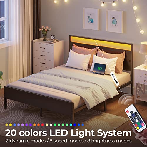 Rolanstar Bed Frame with Charging Station, Full Bed Frame with LED Lights Headboard, Metal Platform Bed Frame, Strong Slats Support, 10.2β Under Bed Storage Clearance, No Box Spring Needed, Noise Free