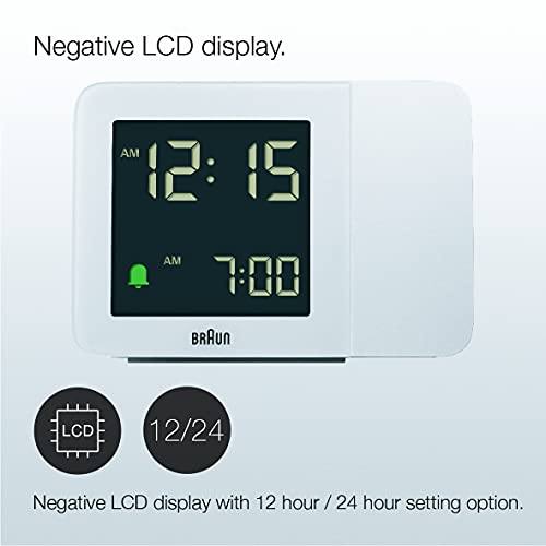 Braun Digital Projection Alarm Clock with 4 Backlight Options, Negative LCD Display, Quick Set, Beep Alarm in White, Model BC15W