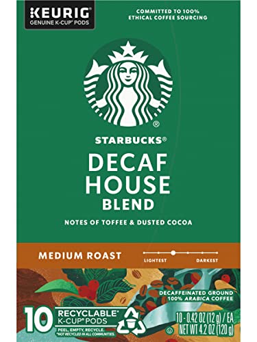 Starbucks Decaf House Blend Coffee K-Cup Pods, Medium Roast Decaffeinated Ground Coffee K-Cups for Keurig Brewing System, 10 CT K-Cups/Box (Pack of 2)
