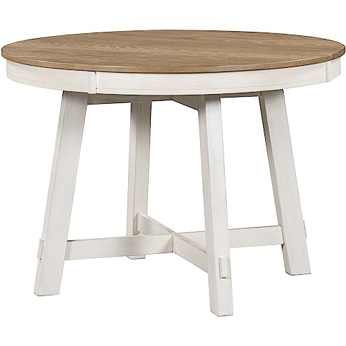 FIQHOME, Farmhouse Round Extendable 16" Leaf Table for Dining Room, Kitchen (Oak Natural Wood + Antique White)