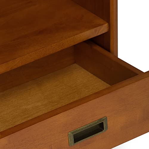 SIMPLIHOME Draper SOLID HARDWOOD 64 inch x 35 inch Mid Century Modern Wide Bookcase and Storage Unit in Teak Brown with 2 Drawers and 3 Shelves, for the Living Room, Study and Office