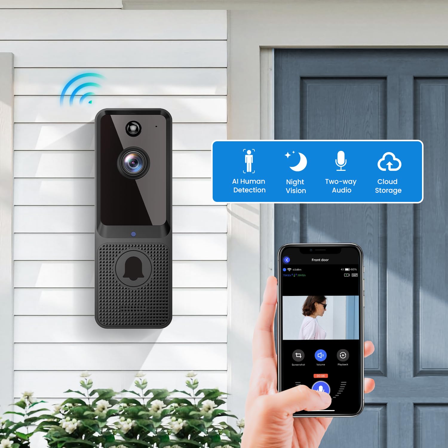 ALPHAPEACH Smart Video Doorbell Camera Wireless with Included Chime, AI Human Detection, Cloud Storage, Night Vision, 2-Way Audio, Battery Powered, 2.4G WiFi, Indoor Outdoor Surveillance