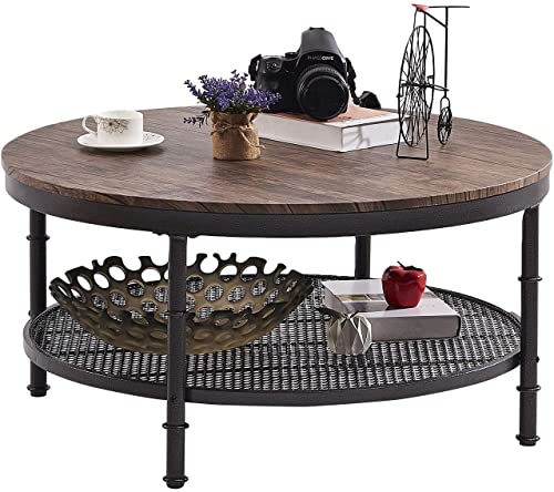 GreenForest Coffee Table Round 35.8 inch Industrial 2-Tier Sofa Table with Storage Open Shelf and Metal Legs for Living Room, Dark Walnut