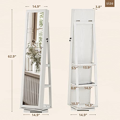 SERWALL 360 Rotating Jewelry Stand Organizer - Freestanding Dressing Mirror Jewelry Cabinet Storage - WHITE