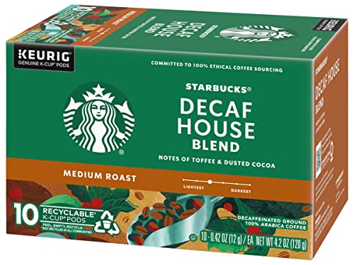 Starbucks Decaf House Blend Coffee K-Cup Pods, Medium Roast Decaffeinated Ground Coffee K-Cups for Keurig Brewing System, 10 CT K-Cups/Box (Pack of 2)