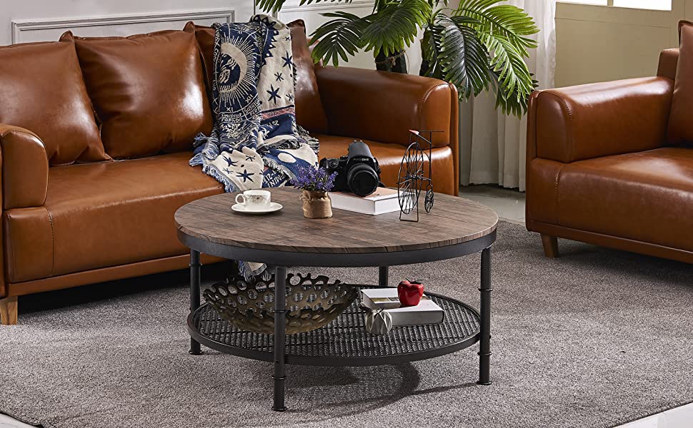 GreenForest Coffee Table Round 35.8 inch Industrial 2-Tier Sofa Table with Storage Open Shelf and Metal Legs for Living Room, Dark Walnut