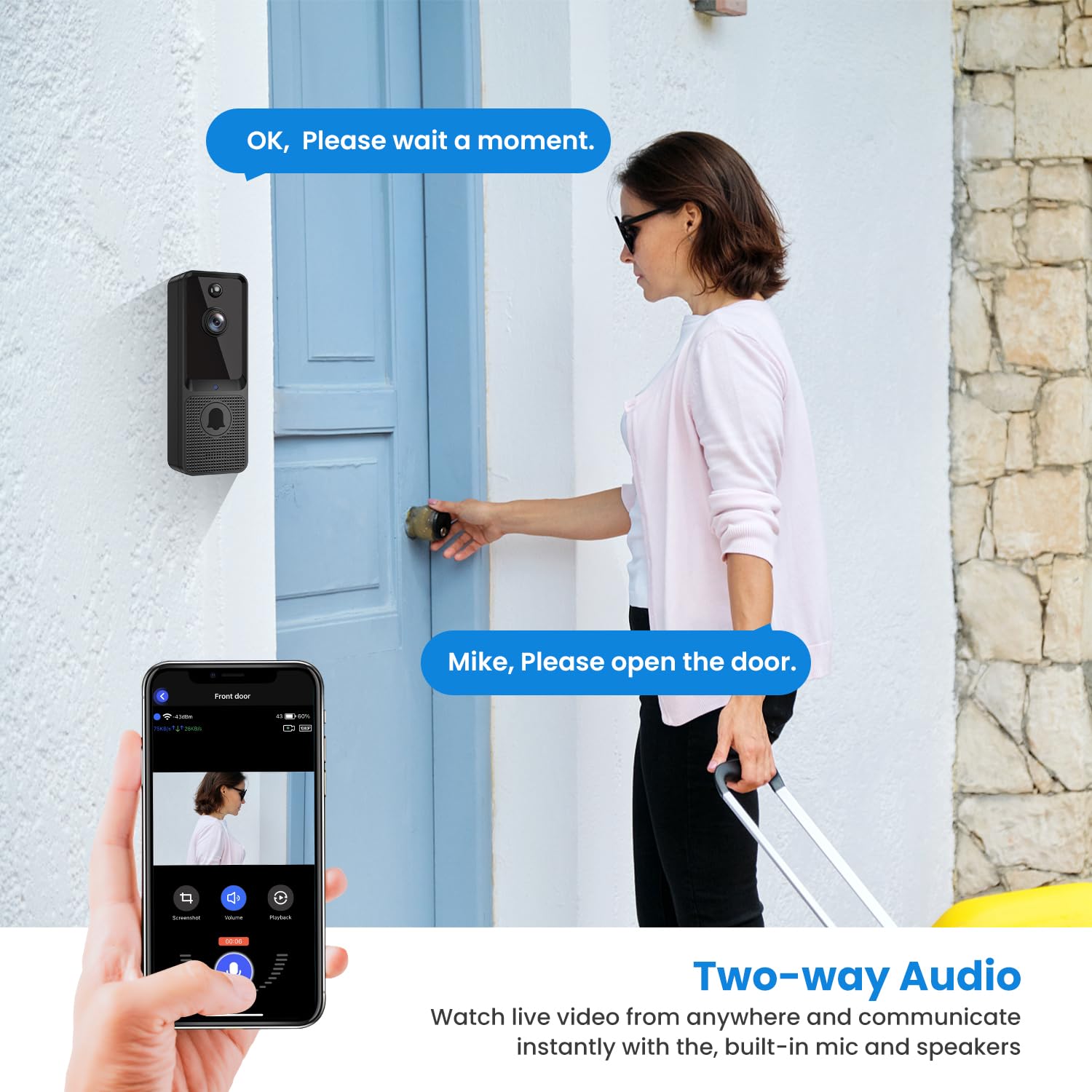 ALPHAPEACH Smart Video Doorbell Camera Wireless with Included Chime, AI Human Detection, Cloud Storage, Night Vision, 2-Way Audio, Battery Powered, 2.4G WiFi, Indoor Outdoor Surveillance