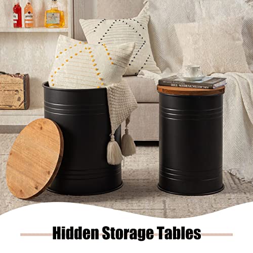 BRIAN & DANY 2 Pack Farmhouse Accent Side Table, Rustic Storage Ottoman Seat Stool with Round Wood Lid, Galvanized Metal Storage Bin for Living Room Furniture, Black