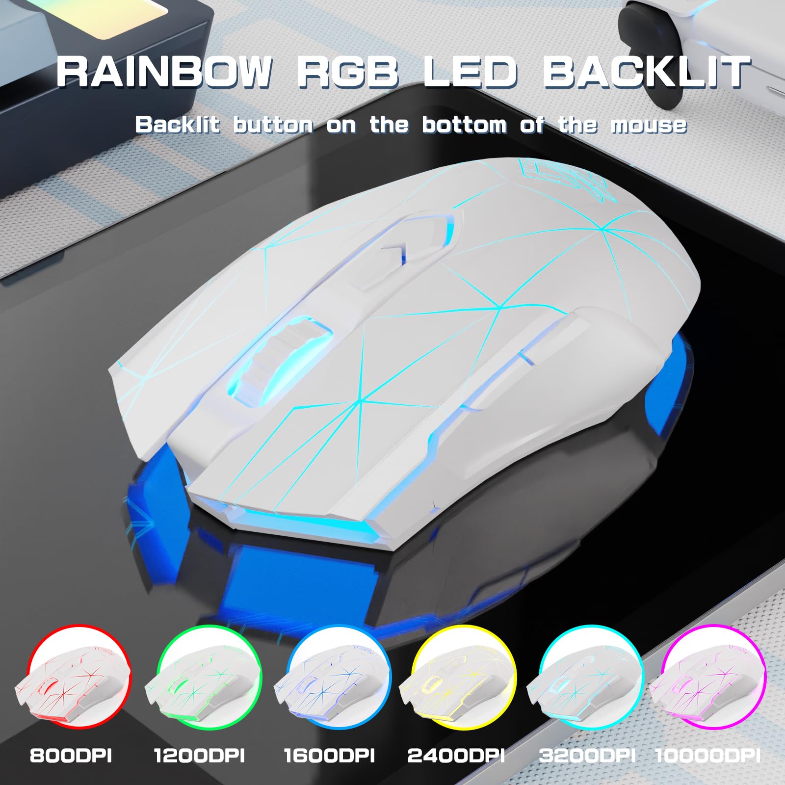 AJ52PRO Wired Wireless Bluetooth Gaming Mouse with RGB LED Backlight Adjustable 10000DPI Ergonomic 7 Programmable Button Rechargeable 800mAh Battery 2.4Ghz USB Receiver for PC Mac PS4 Gamer(StarWhite)