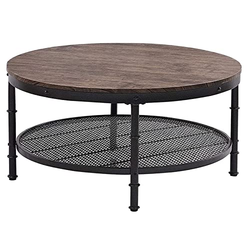 GreenForest Coffee Table Round 35.8 inch Industrial 2-Tier Sofa Table with Storage Open Shelf and Metal Legs for Living Room, Dark Walnut