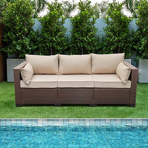WAROOM Patio Couch PE Wicker 3-Seat Outdoor Brown Rattan Sofa Deep Seating Furniture with Non-Slip Beige Cushion