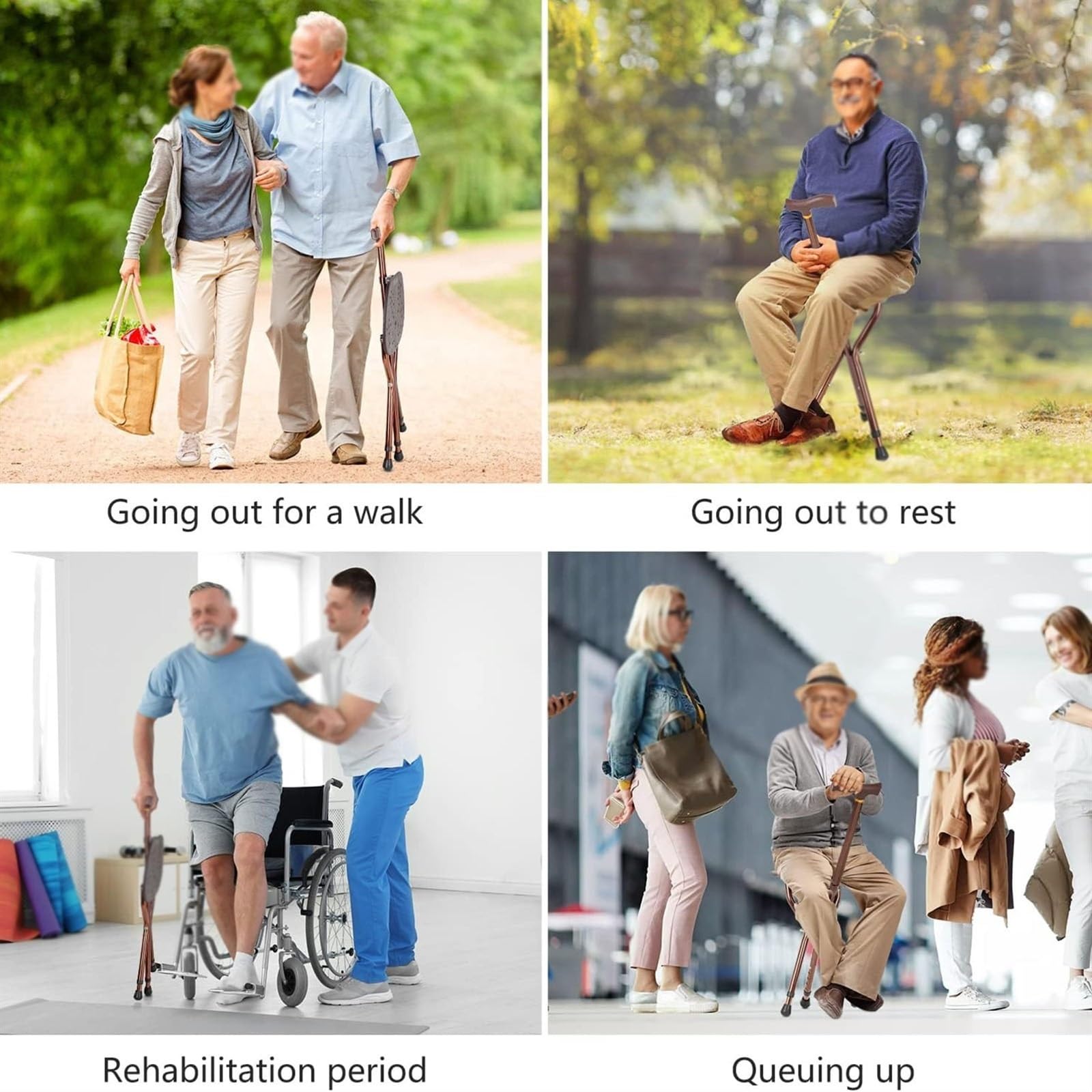 Hold 440 lbs Walking Cane Seat,Heavy Duty Travel Hiking Crutches Stool, Aluminum Alloy, Bow Handle, Non-Slip, Elderly Folding Portable Cane Chairs