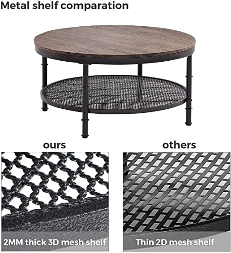 GreenForest Coffee Table Round 35.8 inch Industrial 2-Tier Sofa Table with Storage Open Shelf and Metal Legs for Living Room, Dark Walnut