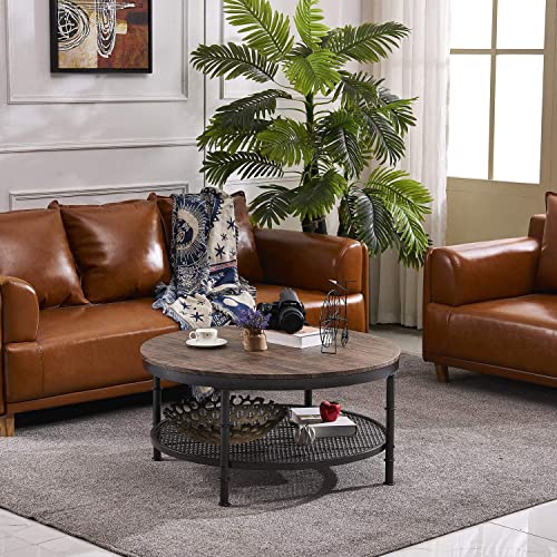 GreenForest Coffee Table Round 35.8 inch Industrial 2-Tier Sofa Table with Storage Open Shelf and Metal Legs for Living Room, Dark Walnut