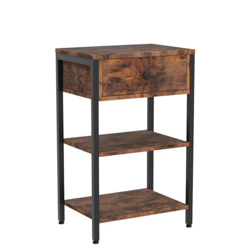 Hoctieon End Table, 3 Tiers Side Table with Drawer and Open Storage Shelf, Industrial Nightstand for Bedroom, Living Room, Easy Assembly, Wood, Rustic Brown