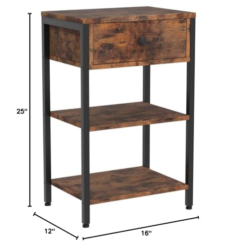 Hoctieon End Table, 3 Tiers Side Table with Drawer and Open Storage Shelf, Industrial Nightstand for Bedroom, Living Room, Easy Assembly, Wood, Rustic Brown