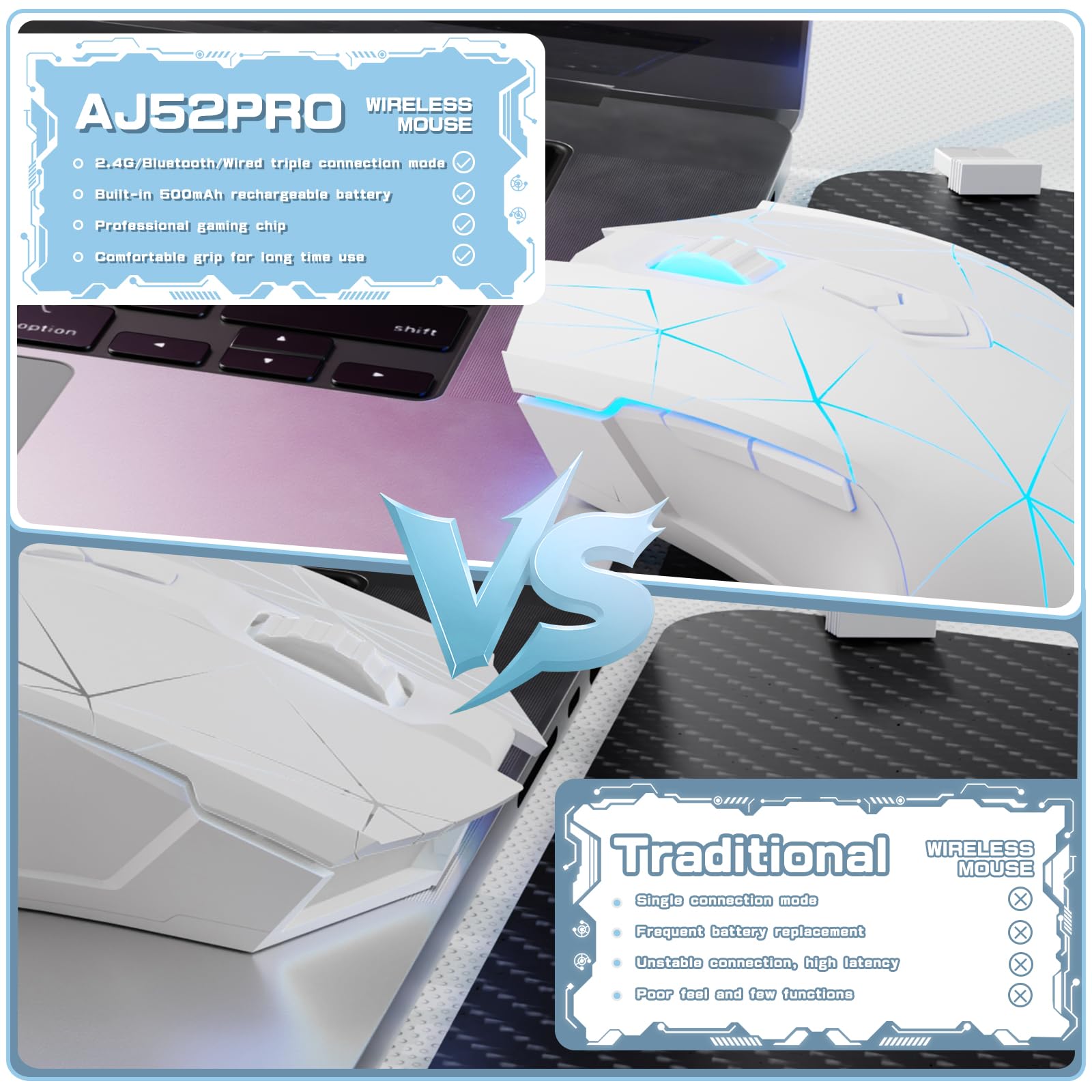 AJ52PRO Wired Wireless Bluetooth Gaming Mouse with RGB LED Backlight Adjustable 10000DPI Ergonomic 7 Programmable Button Rechargeable 800mAh Battery 2.4Ghz USB Receiver for PC Mac PS4 Gamer(StarWhite)
