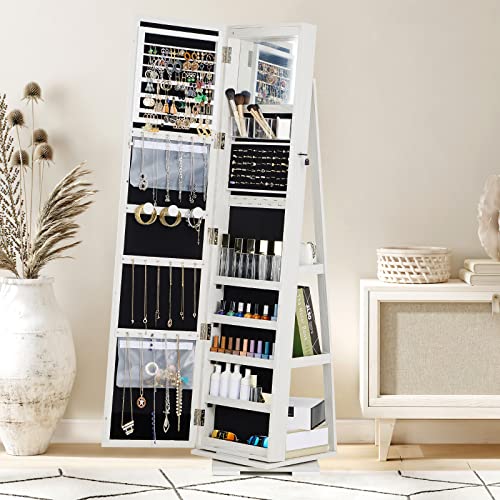 SERWALL 360 Rotating Jewelry Stand Organizer - Freestanding Dressing Mirror Jewelry Cabinet Storage - WHITE
