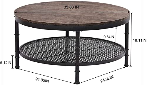 GreenForest Coffee Table Round 35.8 inch Industrial 2-Tier Sofa Table with Storage Open Shelf and Metal Legs for Living Room, Dark Walnut