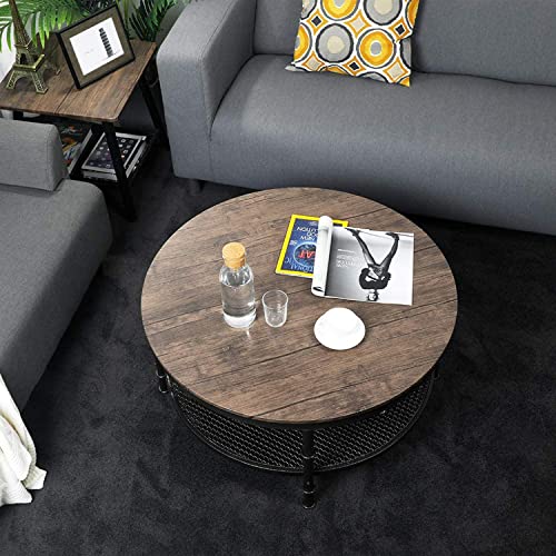 GreenForest Coffee Table Round 35.8 inch Industrial 2-Tier Sofa Table with Storage Open Shelf and Metal Legs for Living Room, Dark Walnut