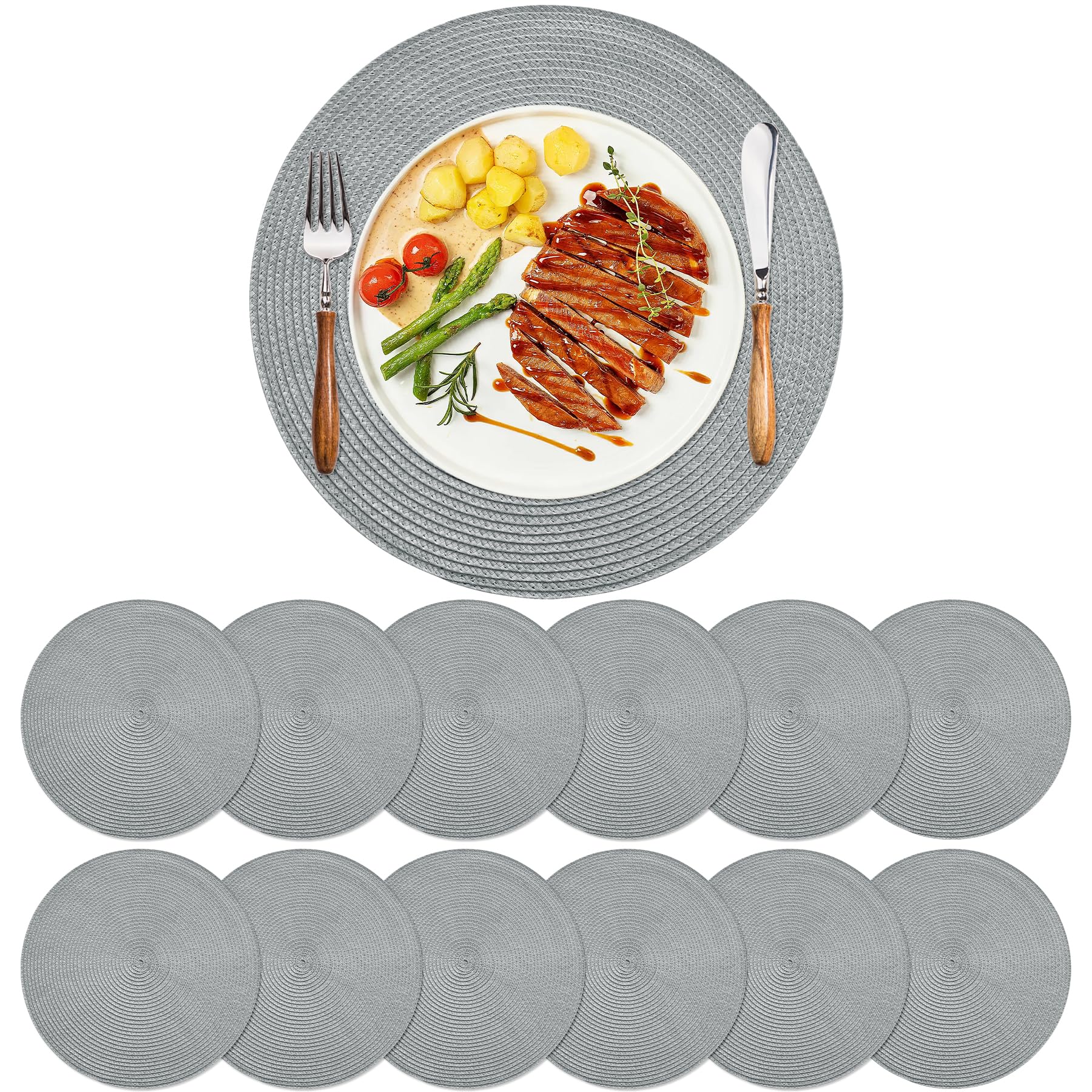 Round Woven Placemats Set of 12, 15 Inch Gray Placemats, Washable Circle Place Mats for Dining Tables Non-Slip Table Mats