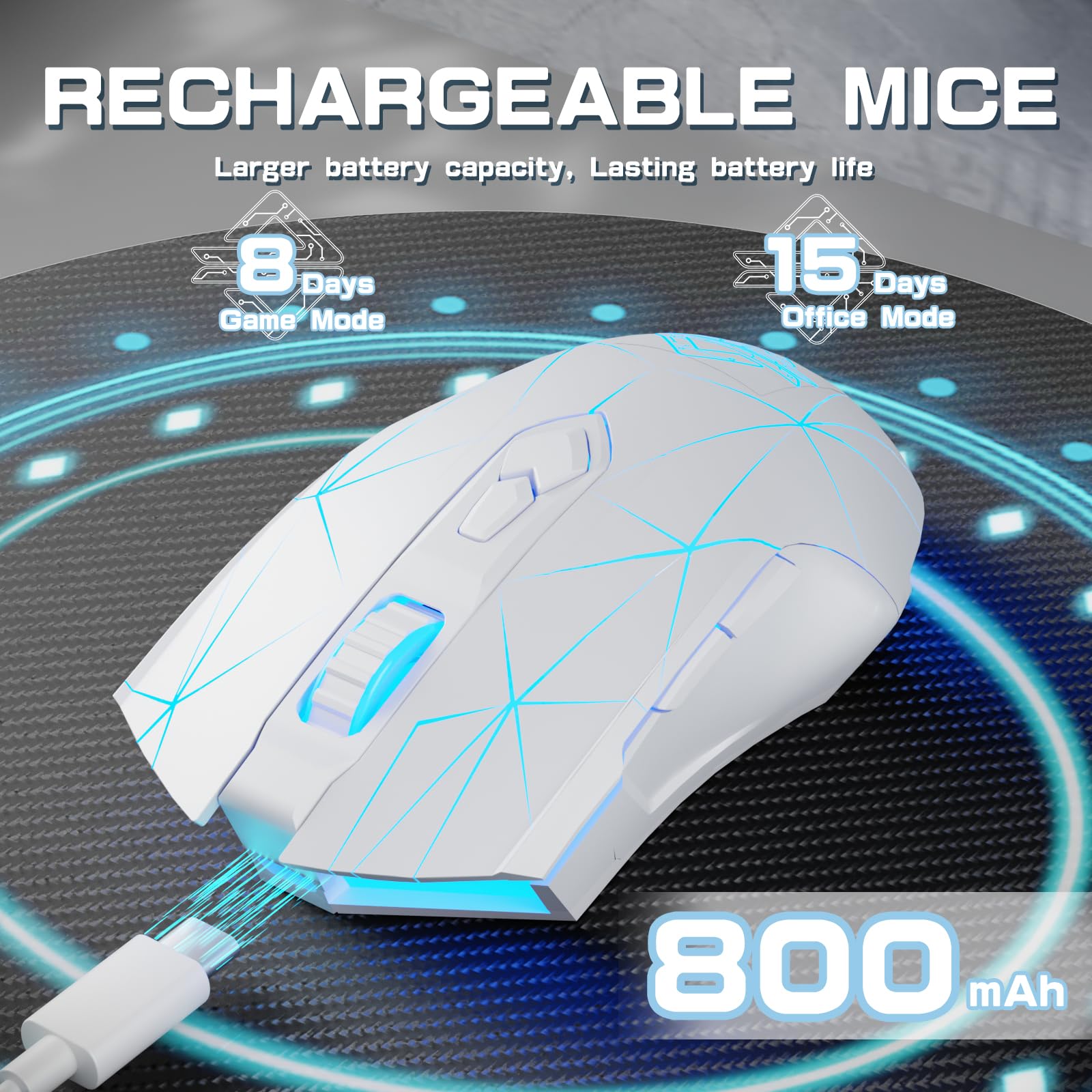 AJ52PRO Wired Wireless Bluetooth Gaming Mouse with RGB LED Backlight Adjustable 10000DPI Ergonomic 7 Programmable Button Rechargeable 800mAh Battery 2.4Ghz USB Receiver for PC Mac PS4 Gamer(StarWhite)