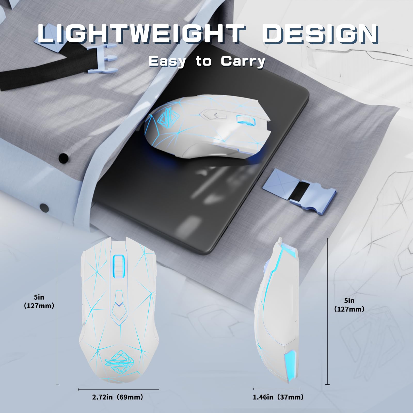 AJ52PRO Wired Wireless Bluetooth Gaming Mouse with RGB LED Backlight Adjustable 10000DPI Ergonomic 7 Programmable Button Rechargeable 800mAh Battery 2.4Ghz USB Receiver for PC Mac PS4 Gamer(StarWhite)