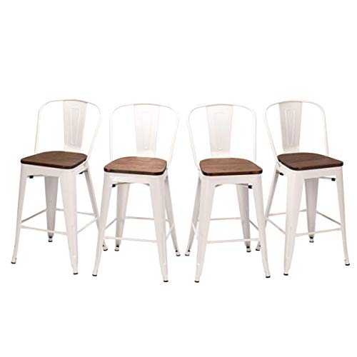 HAOBO Home Metal Bar Stools Modern Industrial Counter Height Stools Dining Chairs (24", High Back White Wooden Seat)[Set of 4]