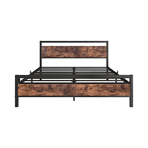 BOFENG Black Queen Size Bed Frames with Wood Headboard and Footboard,Heavy Duty Platform Bed Frame with Storage No Box Spring Needed,Steel Slats Mattress Foundation Square Pipe Design Noise Free,Brown