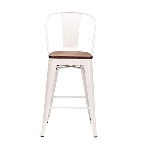 HAOBO Home Metal Bar Stools Modern Industrial Counter Height Stools Dining Chairs (24", High Back White Wooden Seat)[Set of 4]