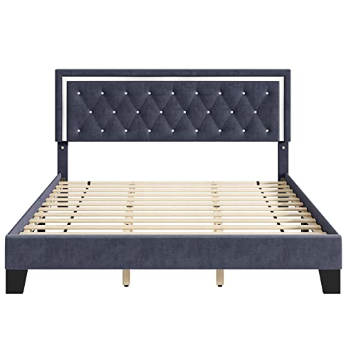 HITHOS King Bed Frame, Upholstered Platform Bed Frame with Modern Adjustable Headboard, Diamond Tufted Mattress Foundation with Wooden Slat Support, No Box Spring Needed, Easy Assembly (King, Gray)