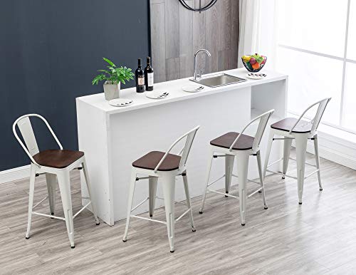 HAOBO Home Metal Bar Stools Modern Industrial Counter Height Stools Dining Chairs (24", High Back White Wooden Seat)[Set of 4]