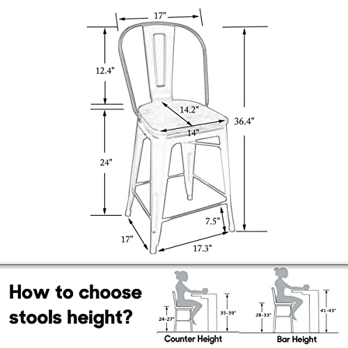 HAOBO Home Metal Bar Stools Modern Industrial Counter Height Stools Dining Chairs (24", High Back White Wooden Seat)[Set of 4]