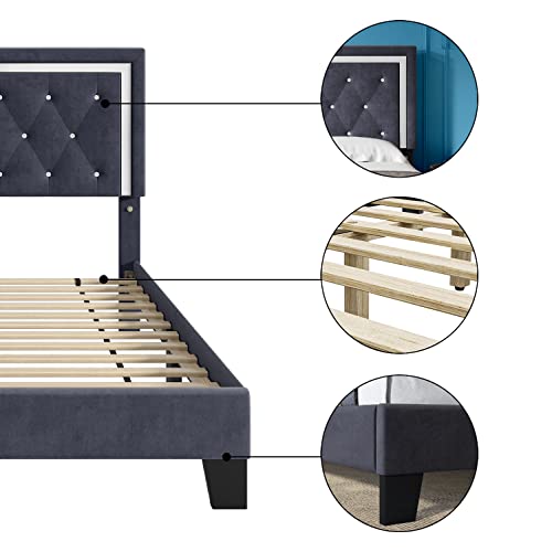 HITHOS King Bed Frame, Upholstered Platform Bed Frame with Modern Adjustable Headboard, Diamond Tufted Mattress Foundation with Wooden Slat Support, No Box Spring Needed, Easy Assembly (King, Gray)