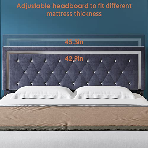 HITHOS King Bed Frame, Upholstered Platform Bed Frame with Modern Adjustable Headboard, Diamond Tufted Mattress Foundation with Wooden Slat Support, No Box Spring Needed, Easy Assembly (King, Gray)