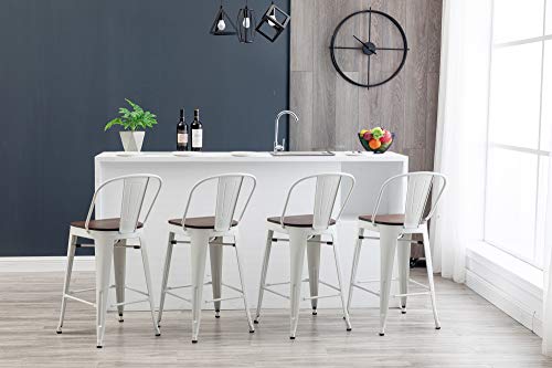 HAOBO Home Metal Bar Stools Modern Industrial Counter Height Stools Dining Chairs (24", High Back White Wooden Seat)[Set of 4]