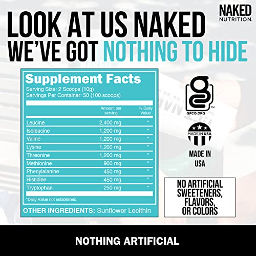Naked EAAs Amino Acids Powder - 50 Servings - Vegan Unflavored Essential Amino Acids 500 Grams - Instantized All Natural EAA Powder Supplement