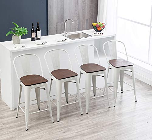 HAOBO Home Metal Bar Stools Modern Industrial Counter Height Stools Dining Chairs (24", High Back White Wooden Seat)[Set of 4]